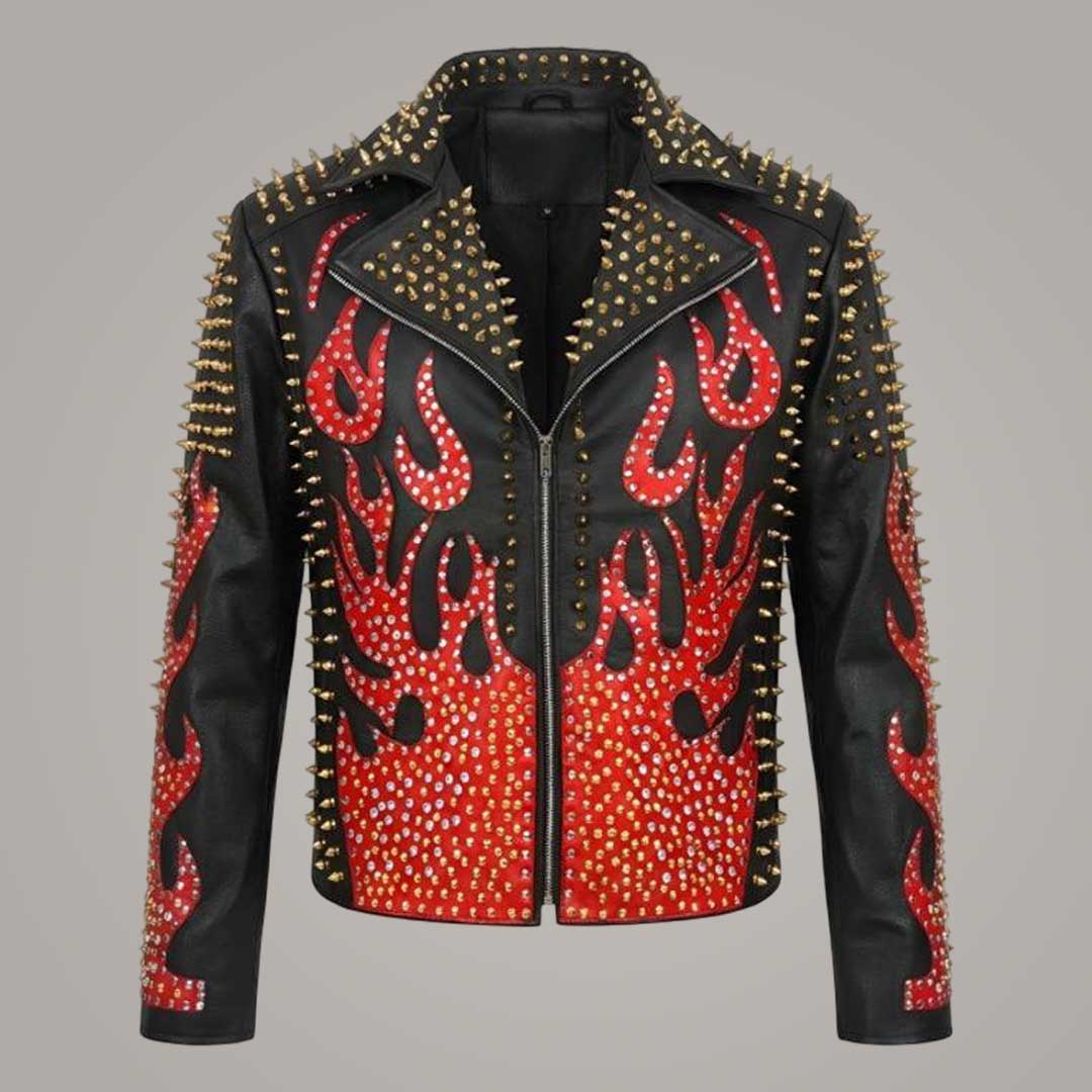 Men's Black Flame Studded Leather Jacket | Free Shipping